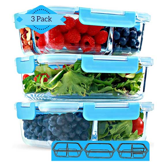 2 & 3 Compartment Glass Meal Prep Food Storage Containers with Lids ...